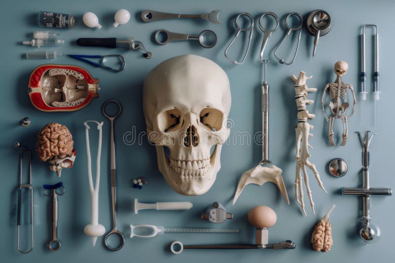 On the Table, There are Multiple Medical Instruments Around a Skull ...