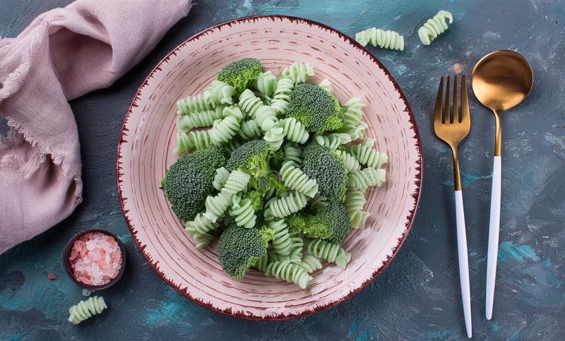 A Plate of Broccoli and Pasta with Utensils on a Table Stock ...