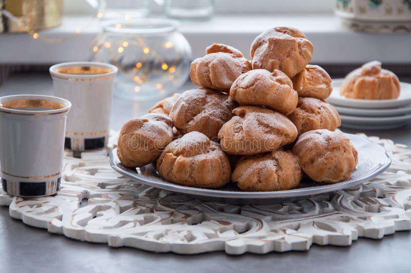 On the Table There is a Plate of Profiteroles Stock Image - Image of ...