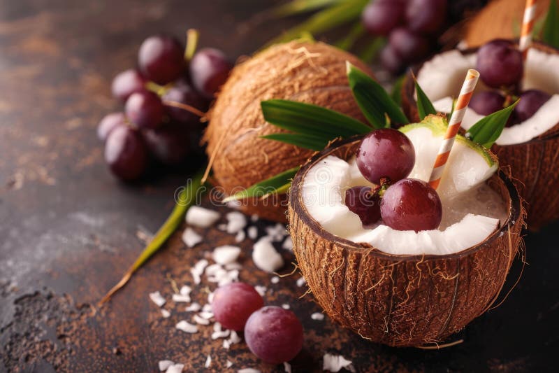 On a Table are Two Coconuts Filled with Coconut Milk and Accompanied by ...