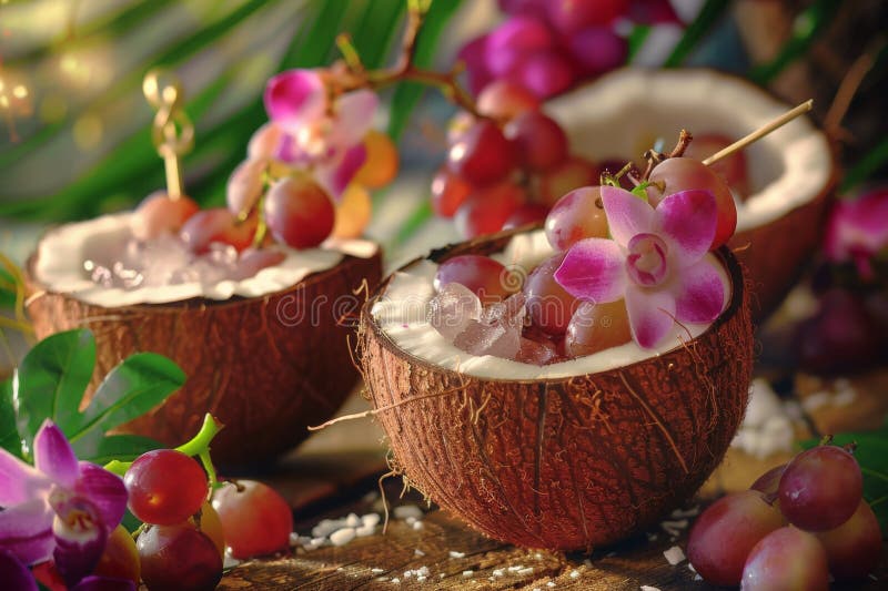 On the Table, There are Two Coconuts Filled with Grapes and Flowers ...