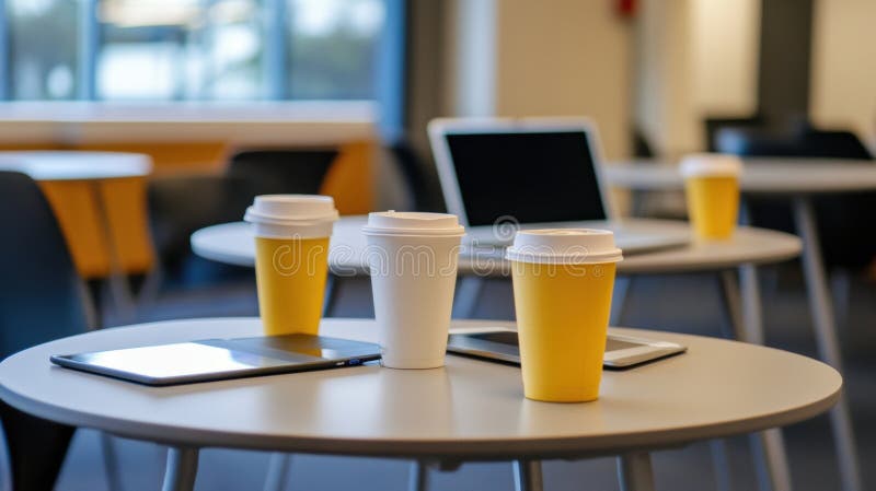 A Table with Three Cups and a Laptop on it, AI Stock Photo - Image of ...