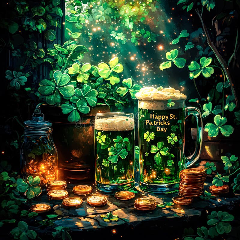 Table with Three Glasses of Beer and a Pot of Gold Coins. Stock Image ...