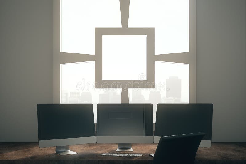 Table with Three Screen Computer Stock Illustration - Illustration of ...