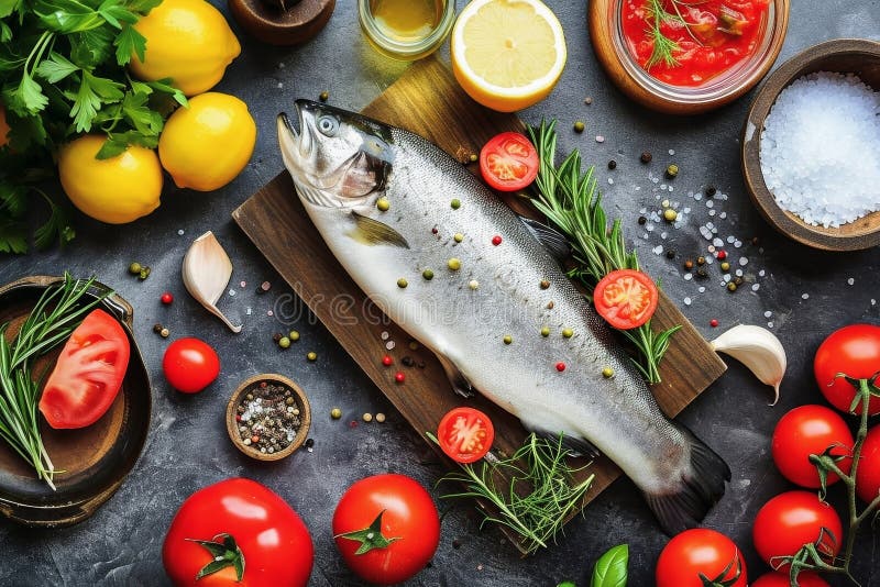 Table Top View on Cooking Fish Stock Illustration - Illustration of ...