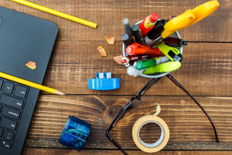 Table Top View with Home Office Objects Stock Image - Image of computer ...