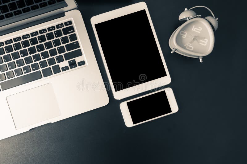 Table Top View with Laptop, Tablet, Mobile Phone Stock Image - Image of ...
