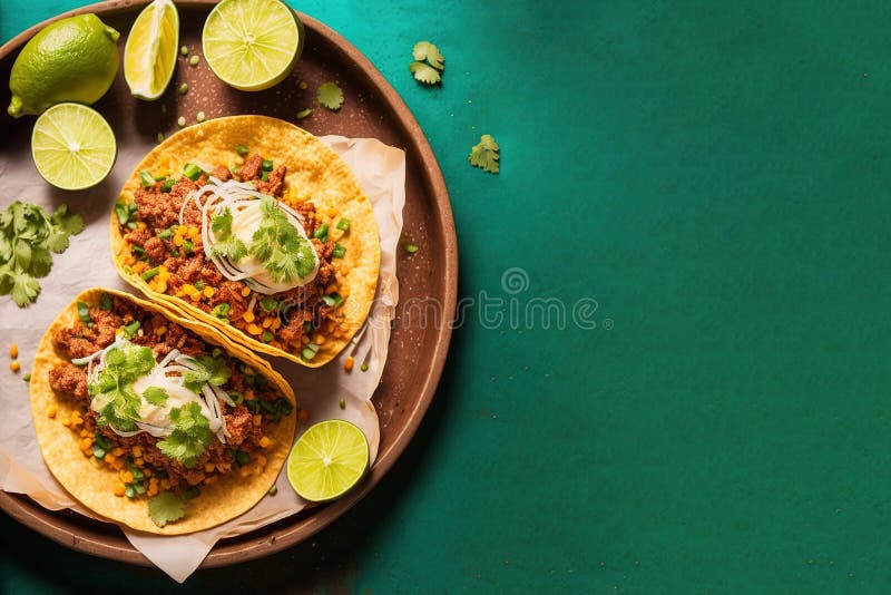Table Top View of Mexican Tacos Over Green Background with Copy Space ...