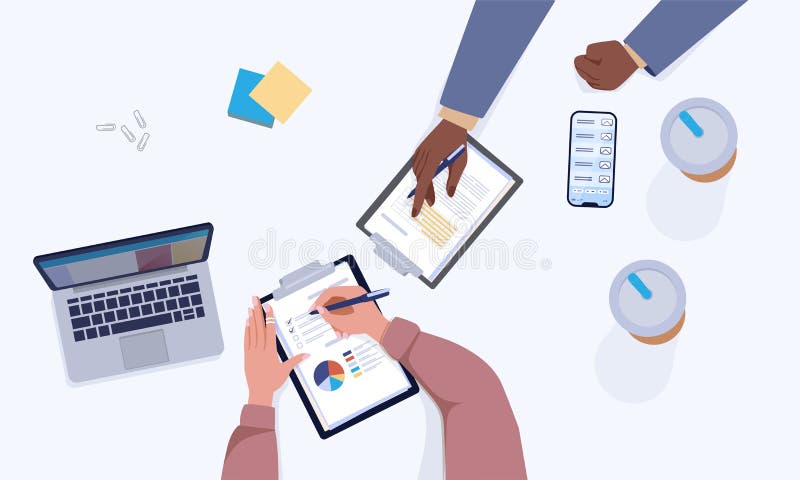 Table Top View. Office Workplace. Business Workers Write on Clipboard ...