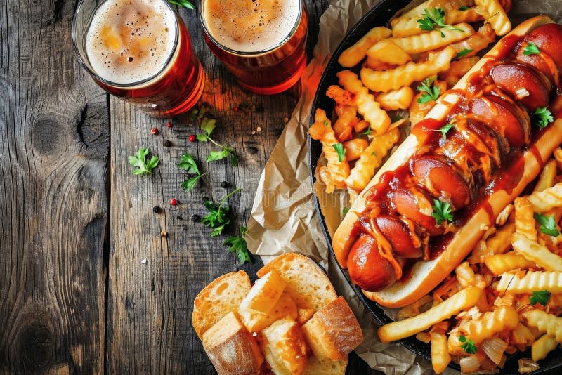 Table Top View of a Very Delicious Hot Dog with Fried and Sauce Stock ...