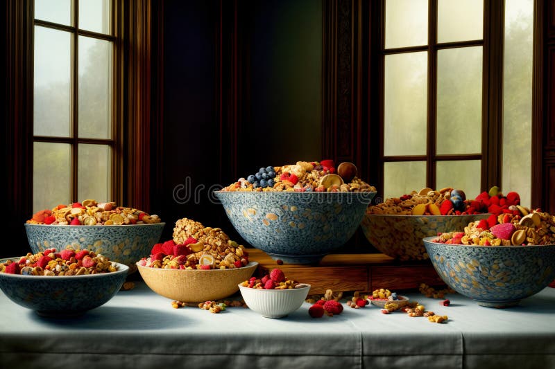 A Table Topped with Blue Bowls Filled with Cereal. Generative AI Stock ...