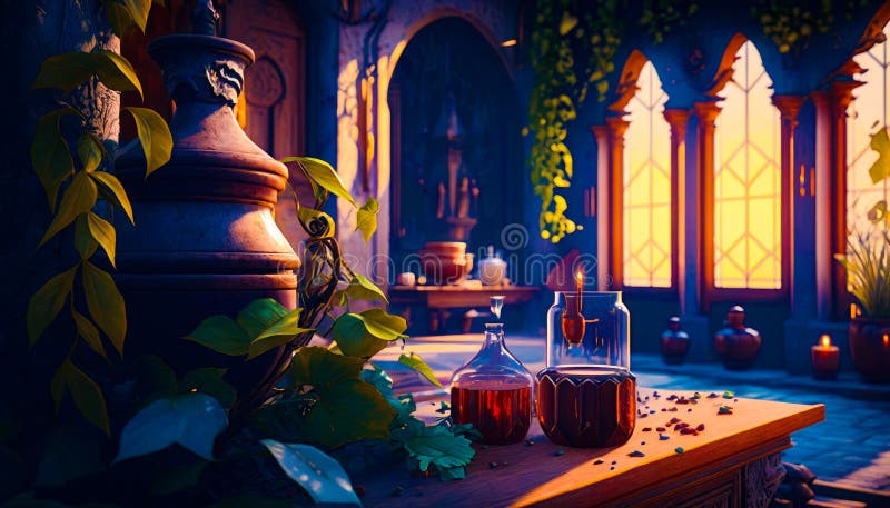 Table Topped with Bottles Filled with Liquid. Fantasy Stock ...