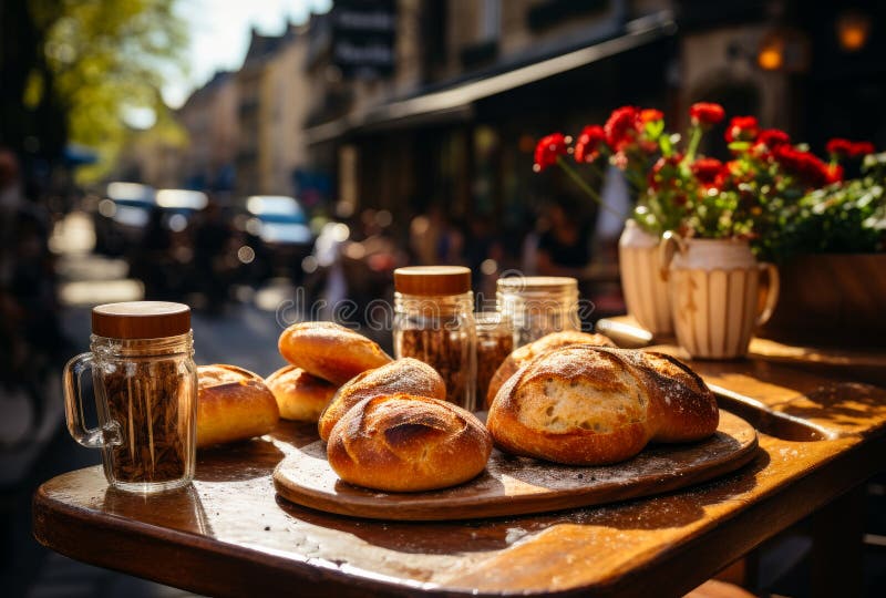 A Table Topped with Bread and Jars of Jam. a Breakfast Table with an ...