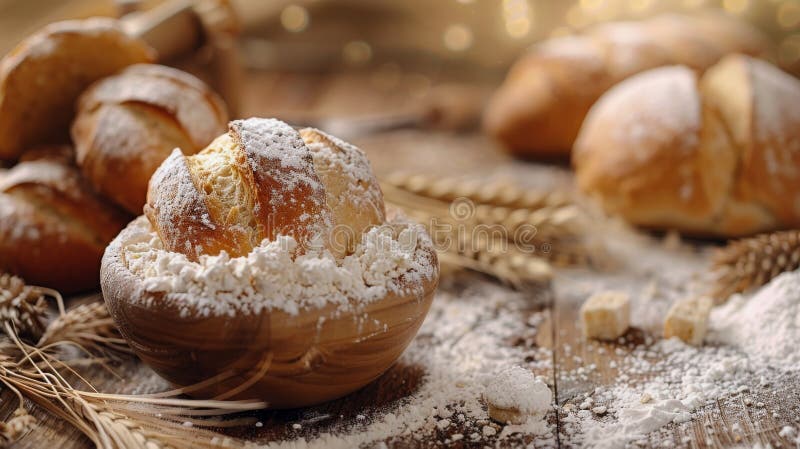 Table Topped with Bread and Rolls Covered in Powdered Sugar Stock Photo ...