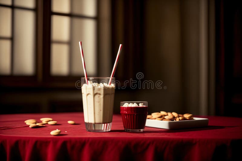 A Table Topped with a Glass of Milkshake Next To a Tray of Peanuts ...