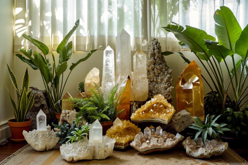 A Table Topped with Lots of Different Types of Crystals Stock Photo ...
