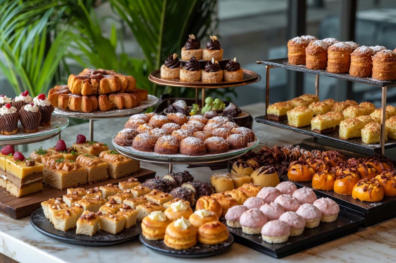 A Table Topped with Lots of Different Types of Pastries Stock Photo ...