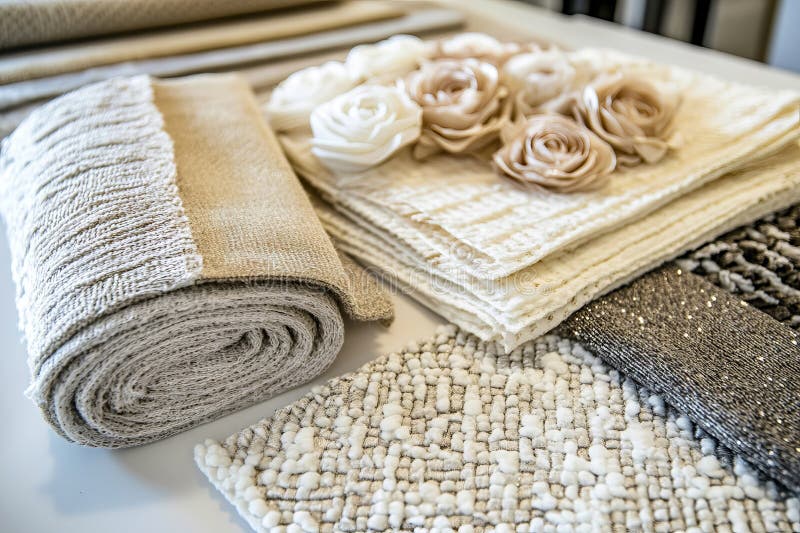 A Table Topped with Lots of Different Types of Rugs Stock Image - Image ...
