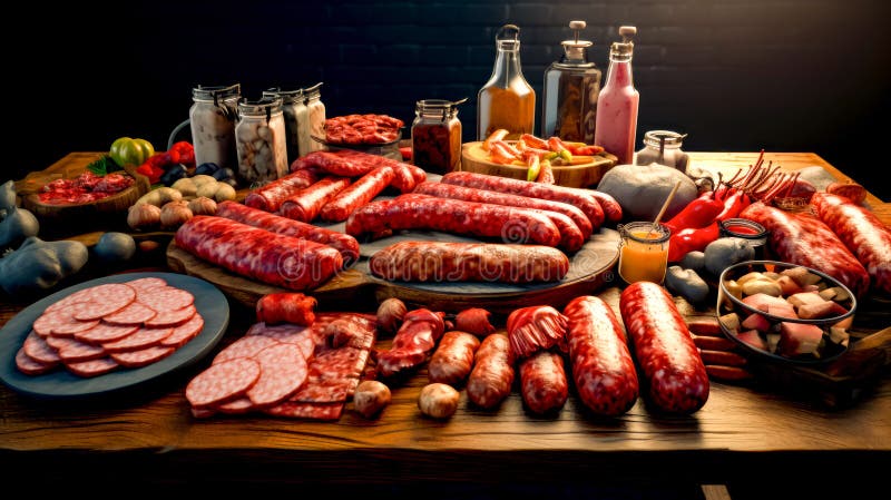 Table Topped with Lots of Different Types of Sausages and Condiments ...