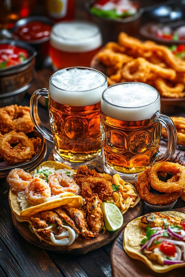 A Table Topped with Plates of Food and Two Mugs of Beer Stock Image ...