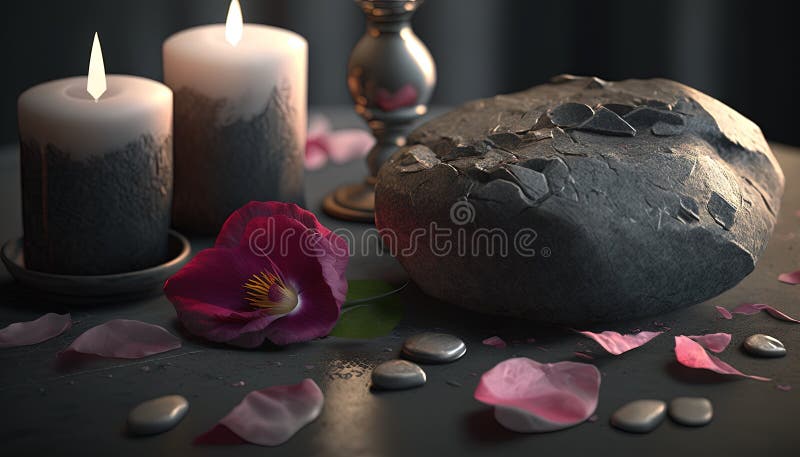 A Table Topped with Two Candles and a Rock Next To a Flower Stock ...