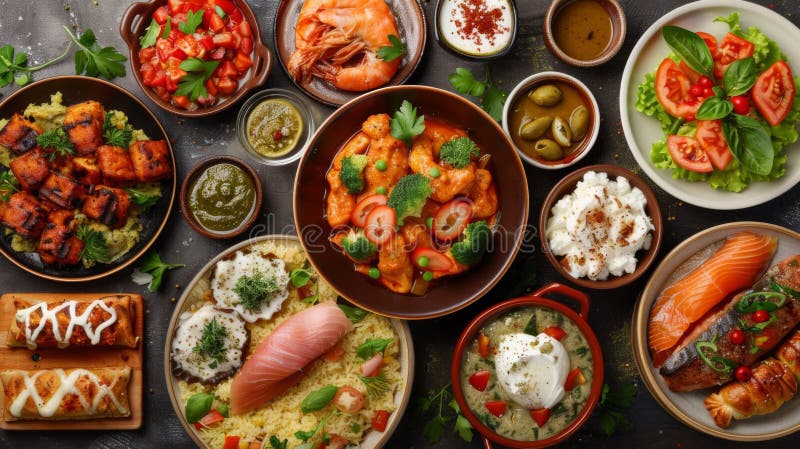 A Table Topped with a Variety of Different Foods and Sauces, AI Stock ...