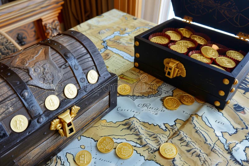 Table with a Treasure Chest for Cards, Gold Coin Chocolates, and a Map ...