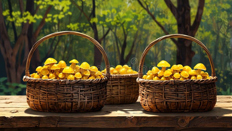 A Table with Two Baskets Holding Yellow Mushrooms Each. Anime Style ...