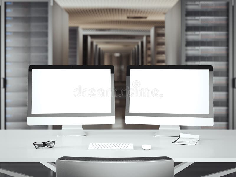 Table with Two Displays in a Large Server Room. 3d Rendering Stock ...
