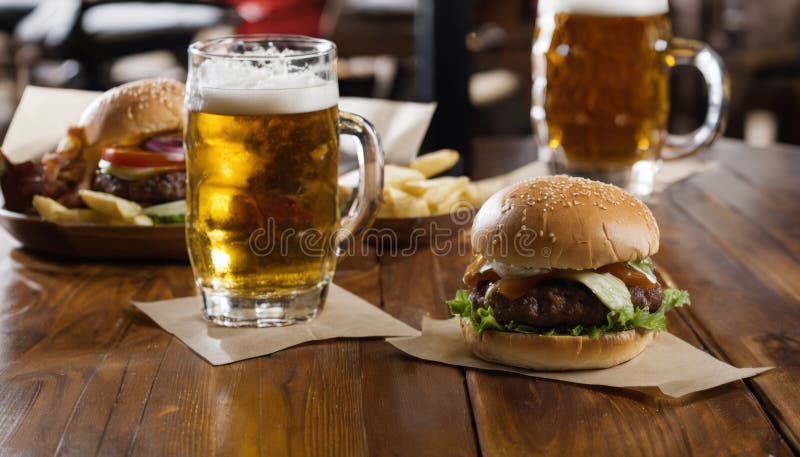 A Table with Two Burgers and Two Glasses of Beer Stock Illustration ...