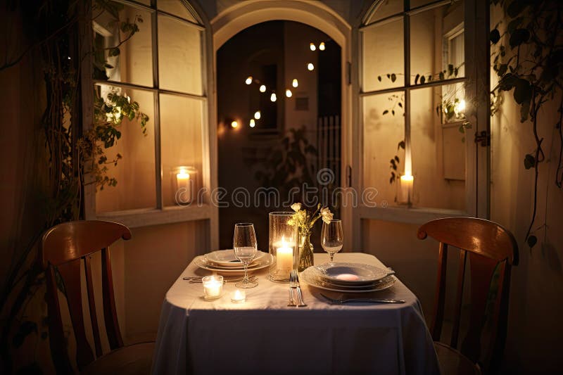 Table for Two, with Candlelit Setting and Fine Dining for a Romantic ...