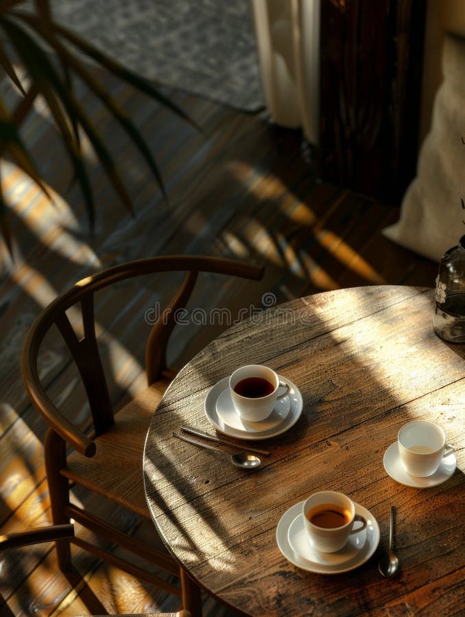 Two Cups of Coffee Resting on a Wooden Table Surface. Generative AI ...
