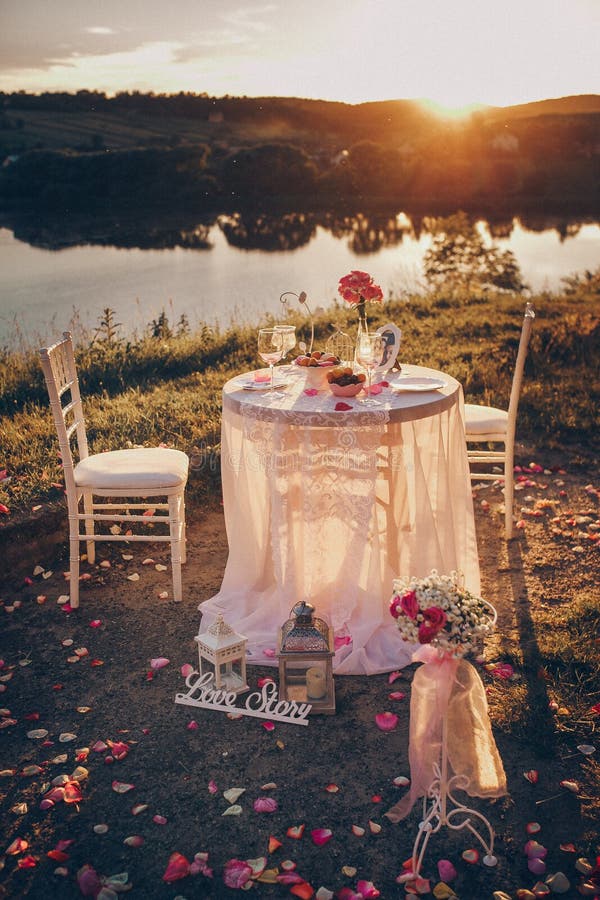 Romantic Table for Two on the Shore of the Lake. Stock Photo - Image of ...