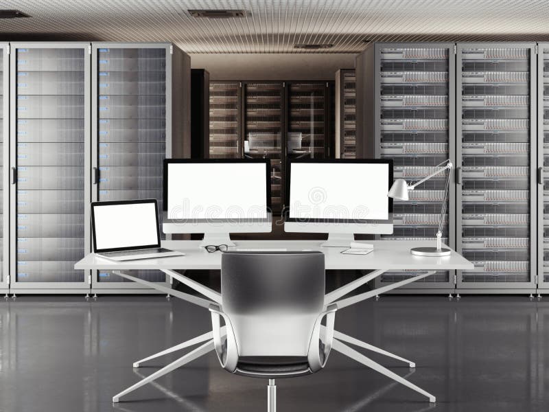 Table with Two Displays and Laptop in a Large Server Room. 3d Rendering ...
