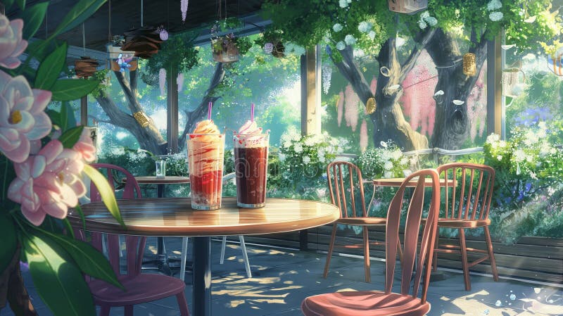 A Table with Two Drinks and Two Chairs in Front of a Tree. Anime ...