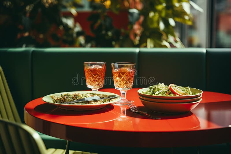 A Table with Two Plates of Food and Two Glasses of Wine Stock ...