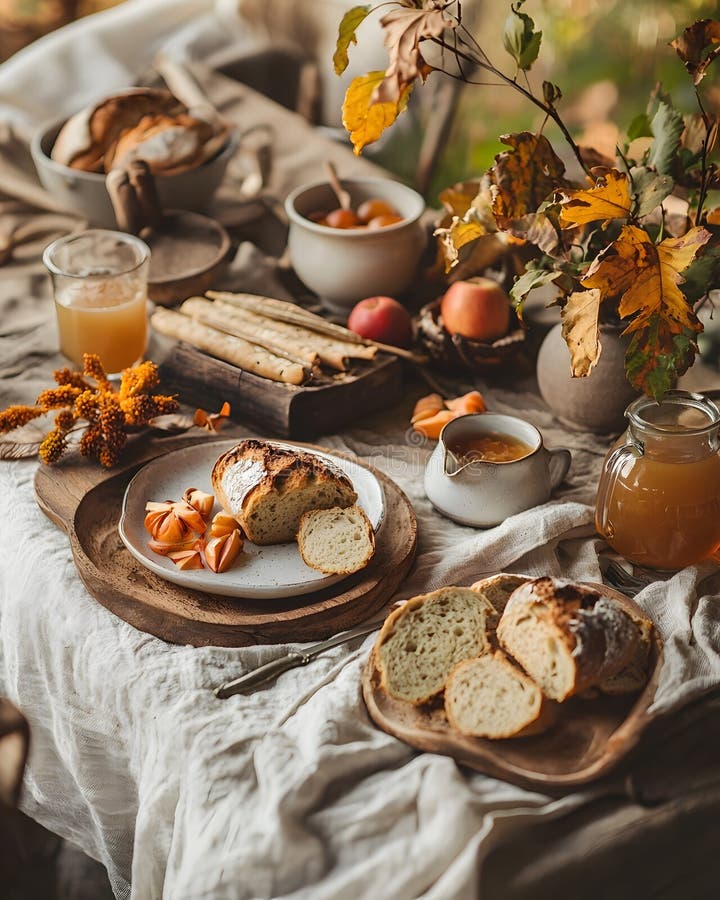 Table with a Variety of Food and Drinks, Including Bread, Fruit Stock ...