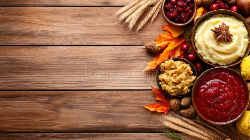 A Table with a Variety of Foods Including Mashed Potatoes, Corn and ...