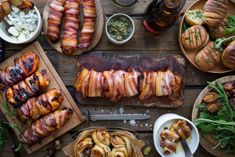 Table with Various Bacon Appetizer Dishes Stock Illustration ...