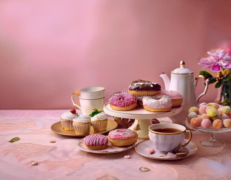 Table with Various Cookies, Donuts, Cakes, Coffee Cups on Pink ...