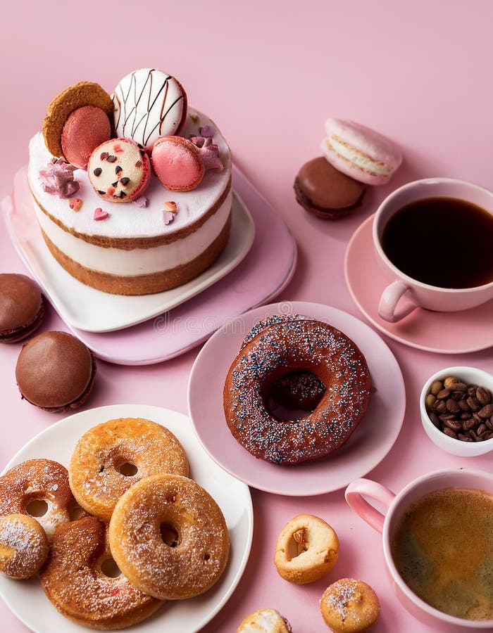 Table with Various Cookies, Donuts, Cakes, Coffee Cups on Pink ...