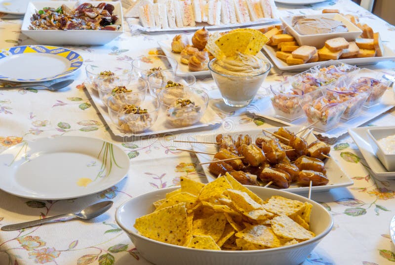 Table with Various Snacks Ready for Family Meal Stock Image - Image of ...