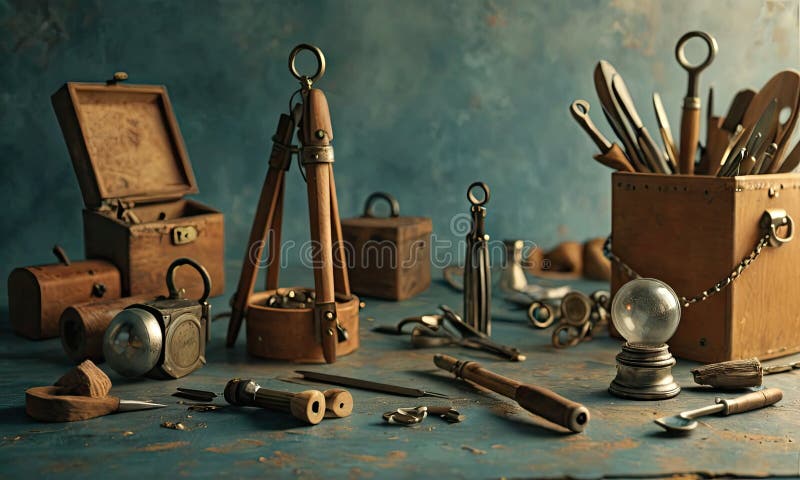 A Table with Various Tools and Objects on it, Including a Box with a ...