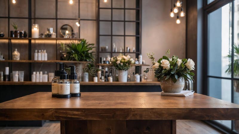A Table with a Vase of Flowers and Bottles of Lotion on it Stock Photo ...