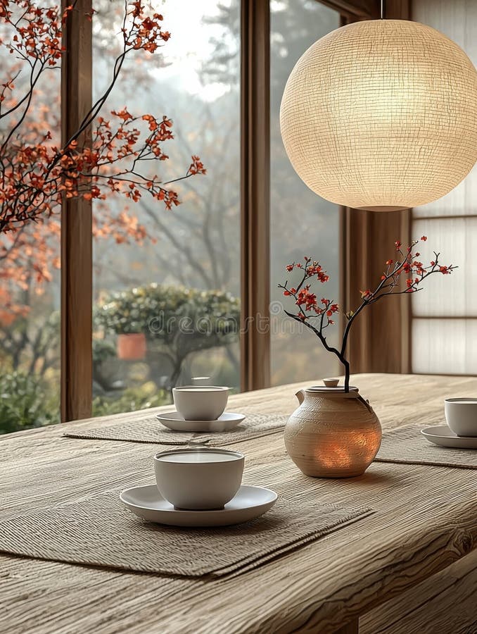 A Table with a Vase of Flowers and Two Cups of Coffee Stock Photo ...