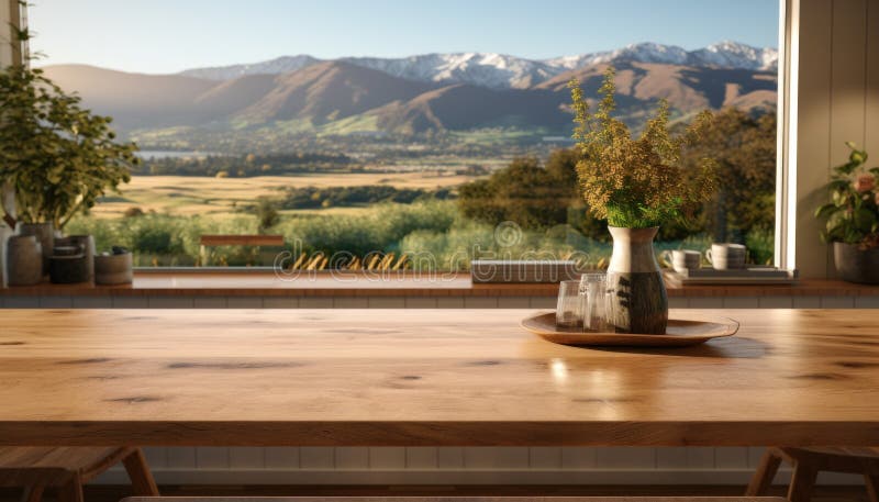 Table with Views To Mountains of Farm Land in Modern Kitchen, Stock ...