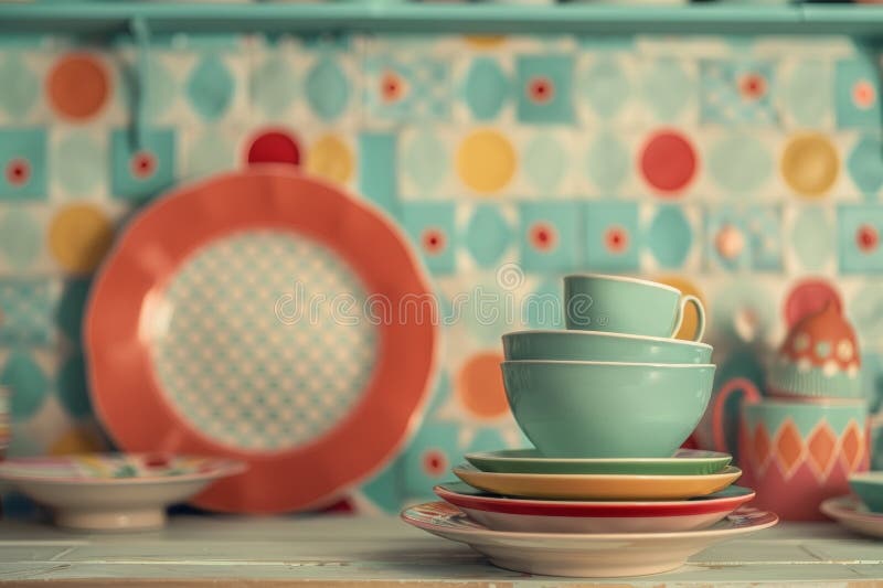 A Table in a Vintage Kitchen Setup is Decorated with Plates and Cups on ...