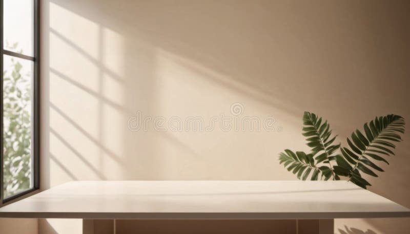.table on Warm Beige Wall Background with Sun Rays and Plant, Empty ...