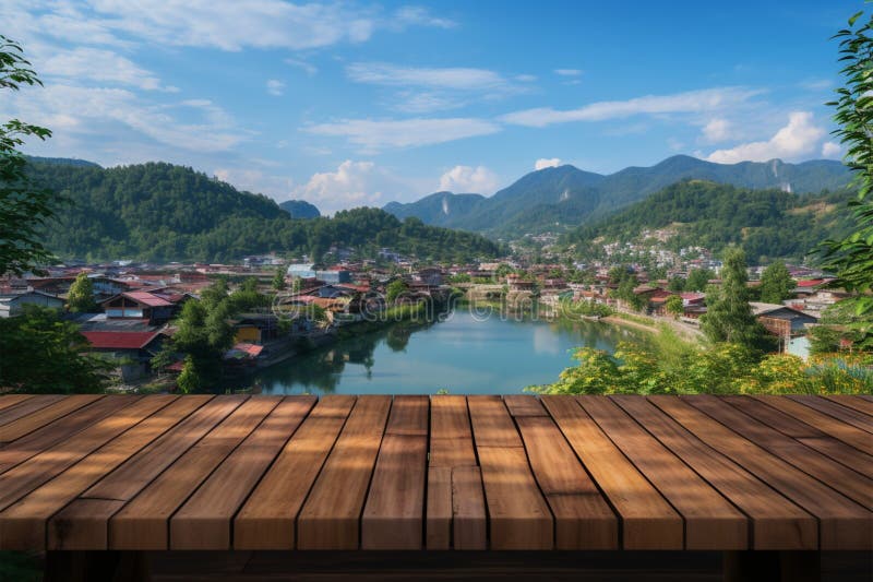 Table by the Water Empty Wooden Table with a Lake View Stock ...