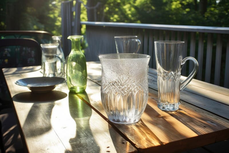 Table with Water Pitcher and Glasses on a Sunlit Deck Stock Image ...